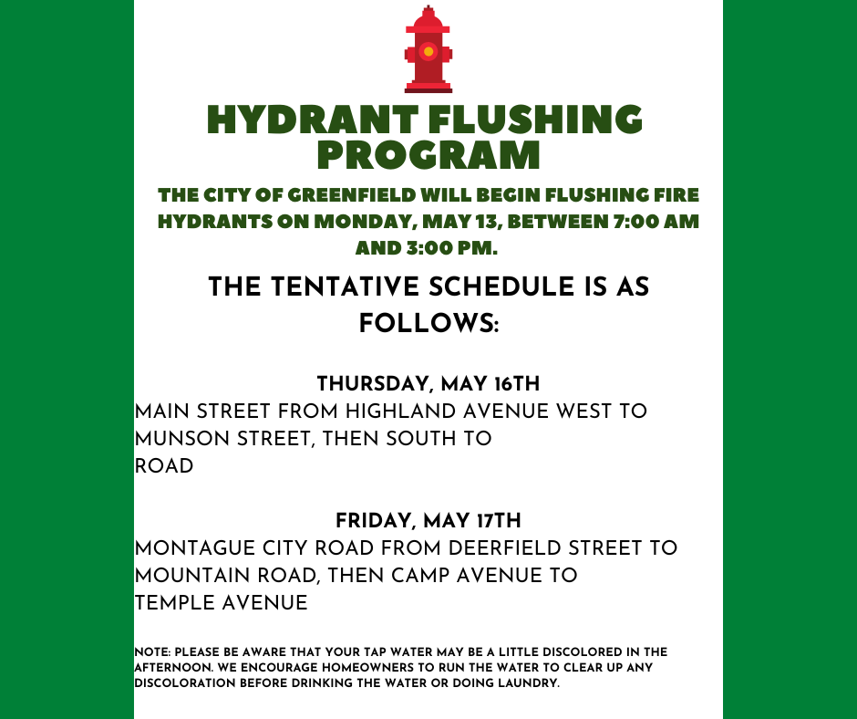 Greenfield DPW releases hydrant flushing schedule - Franklin County Now